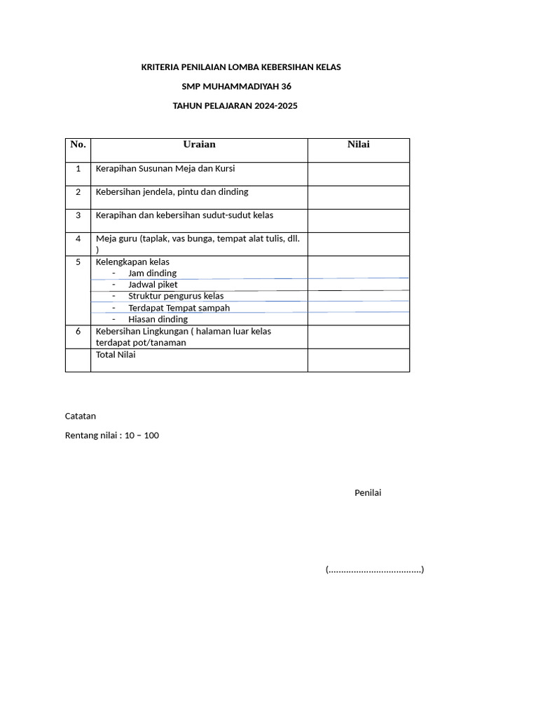 Kriteria Penilaian Lomba Kebersihan Kelas 24 | PDF
