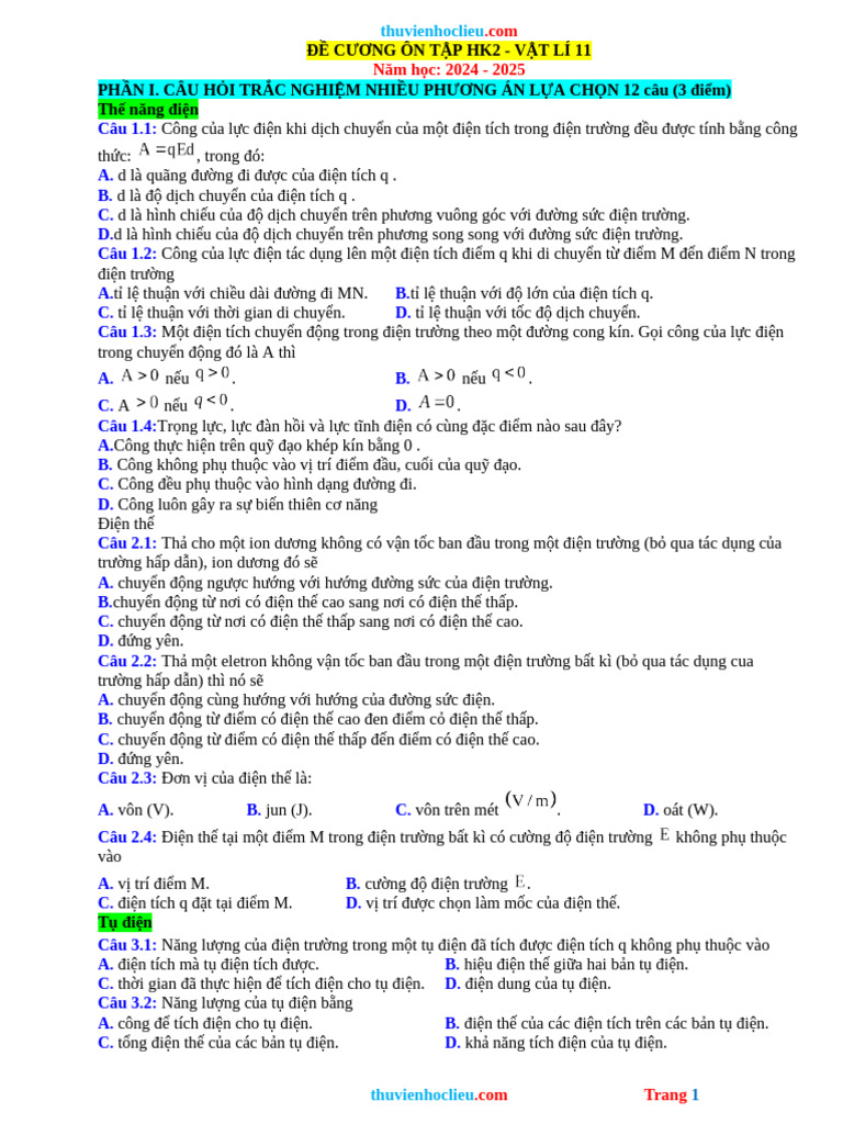 De Cuong On Tap hk2 Vat Li 11 KNTT 24 25 | PDF