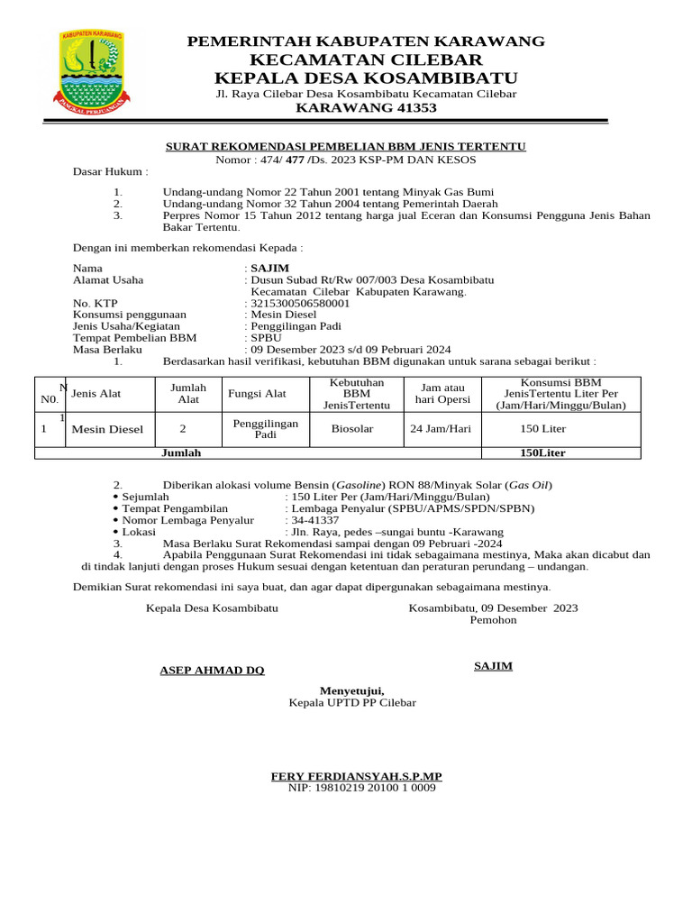 Surat Rekomendasi BBM | PDF