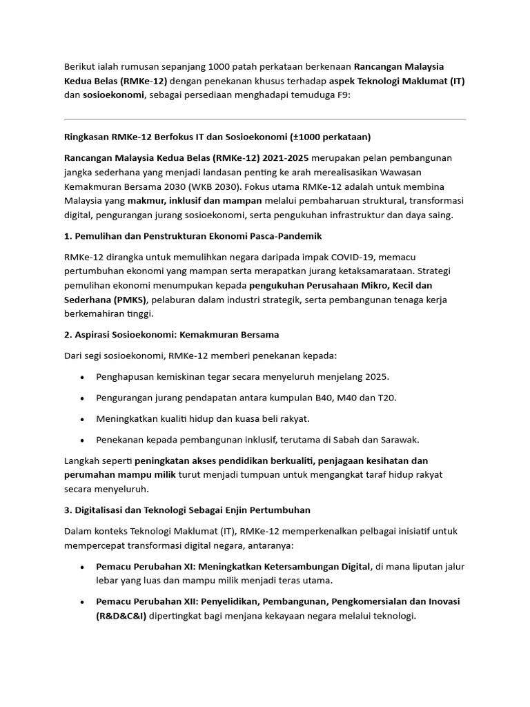 CHATGPT Rumusan Sepanjang 1000 Patah Perkataan Berkenaan Rancangan Malaysia Kedua Belas (RMKe-12 ...