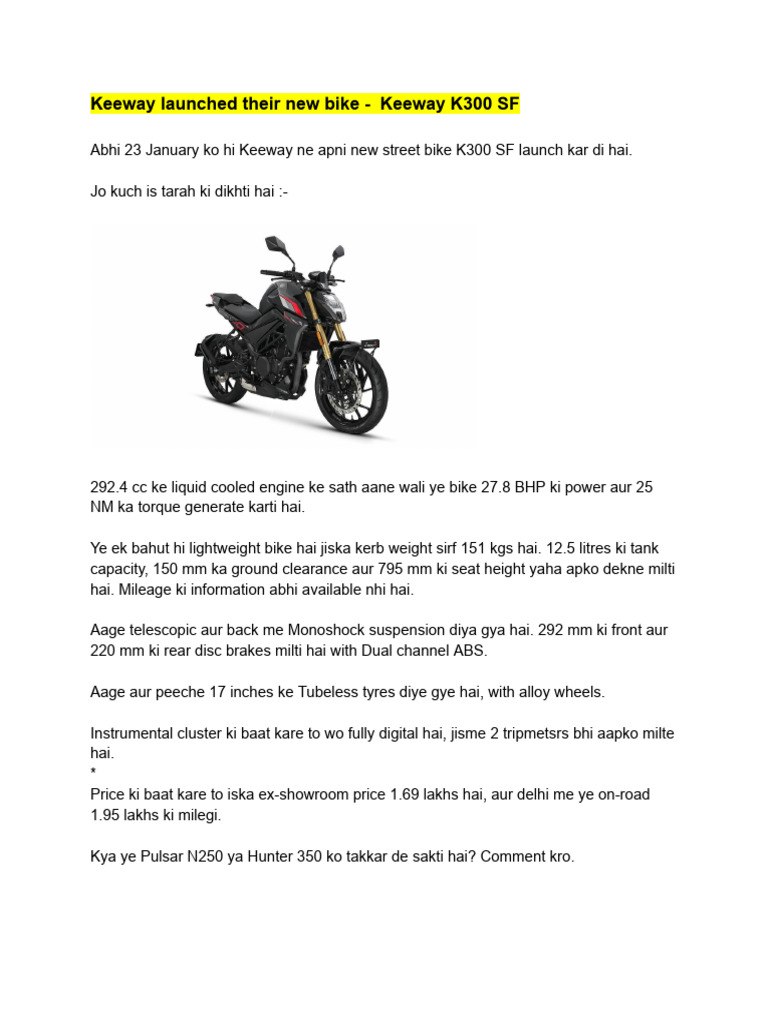 Keeway K300 SF - New Launch | PDF