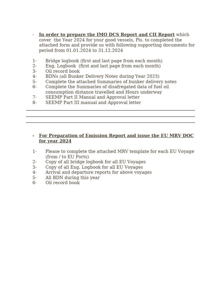 In Order To Prepare The IMO DCS Report and CII Report | PDF