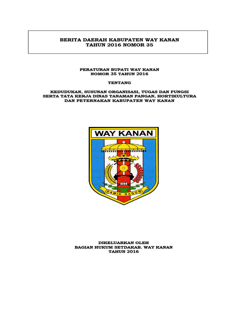 Peraturan Bupati Way Kanan 2016 tentang Dinas Pertanian | PDF