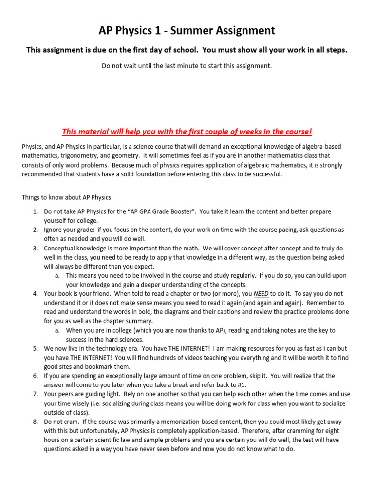 AP Physics 1 Summer Assignment | PDF | Velocity | Euclidean Vector