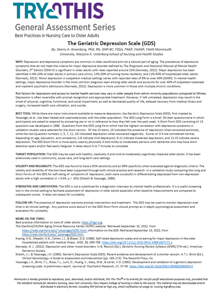 1 GDS - SF - 15 | PDF | Major Depressive Disorder | Mental Disorder
