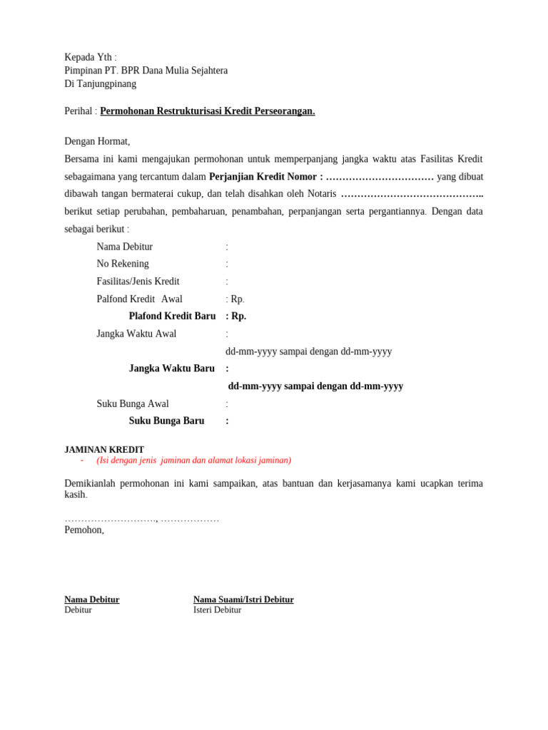 Surat Permohonan Restrukturisasi Perseorangan | PDF