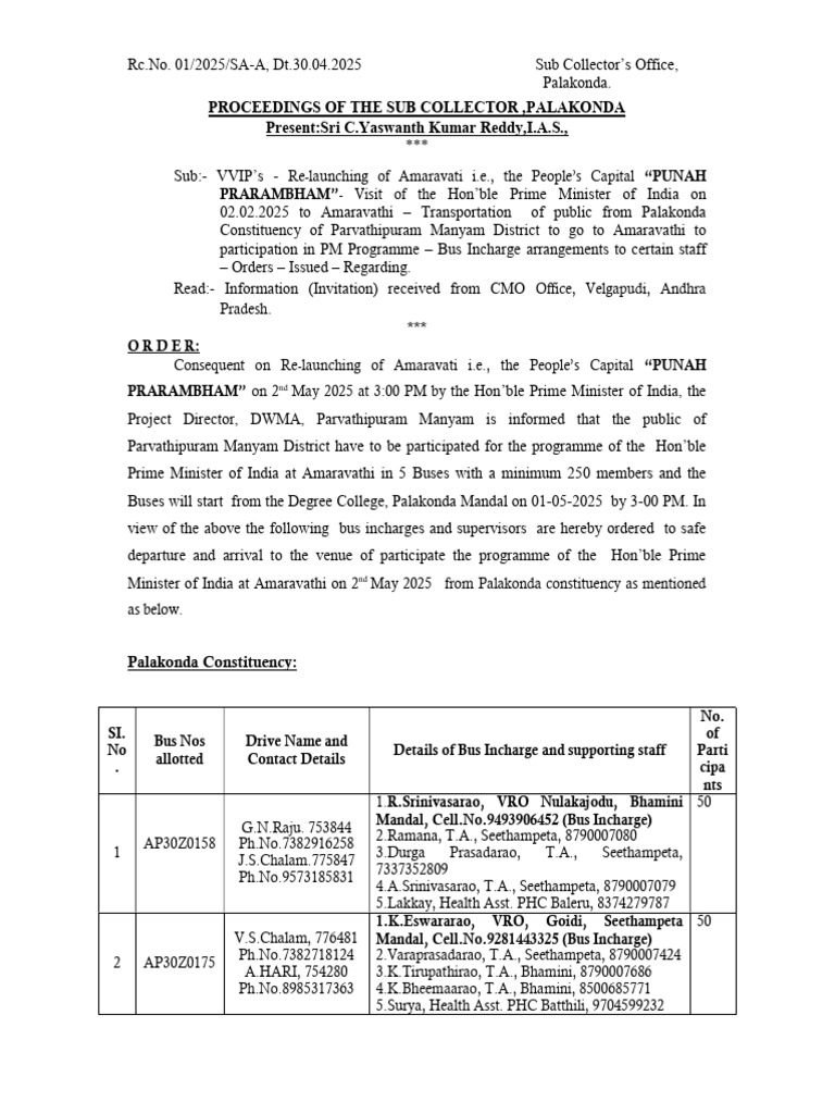 Revised Palakonda Constituency PM Program On 02.02.2025 Duty ...