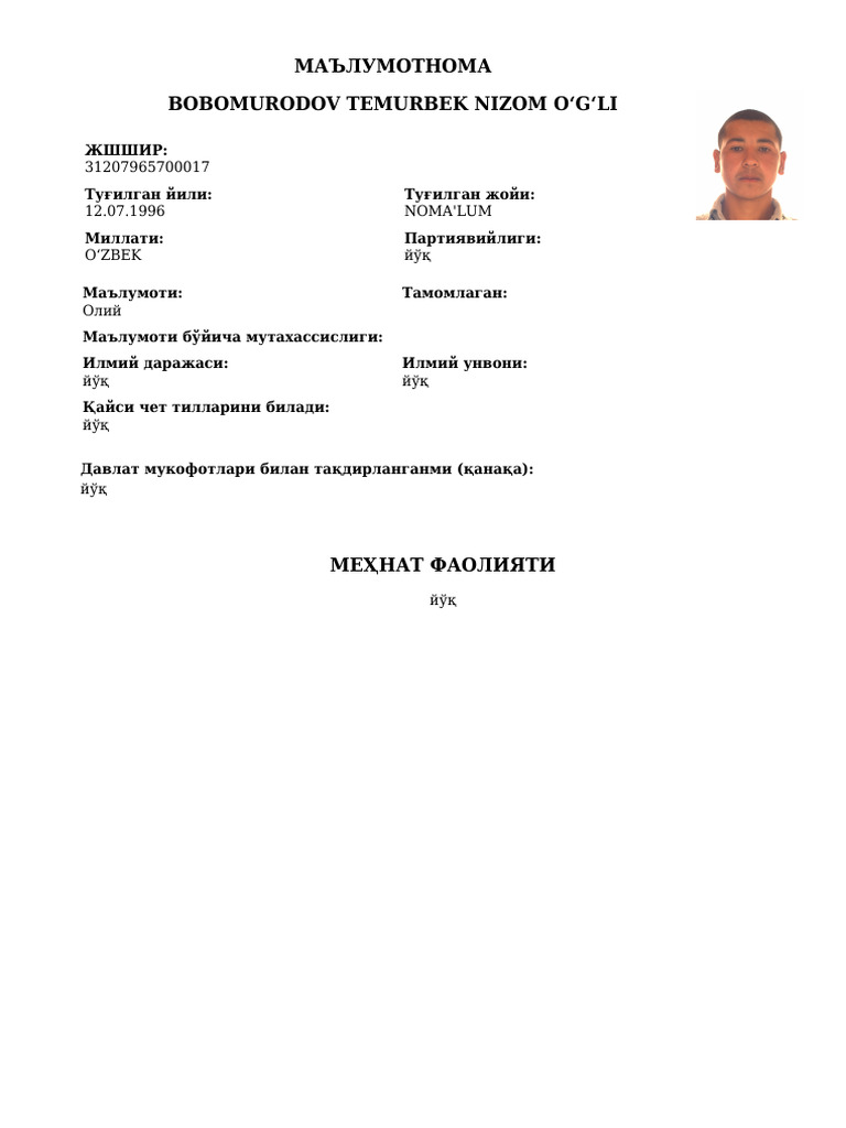 Bobomurodov Temurbek Nizom o G Li 24.04.2025 | PDF