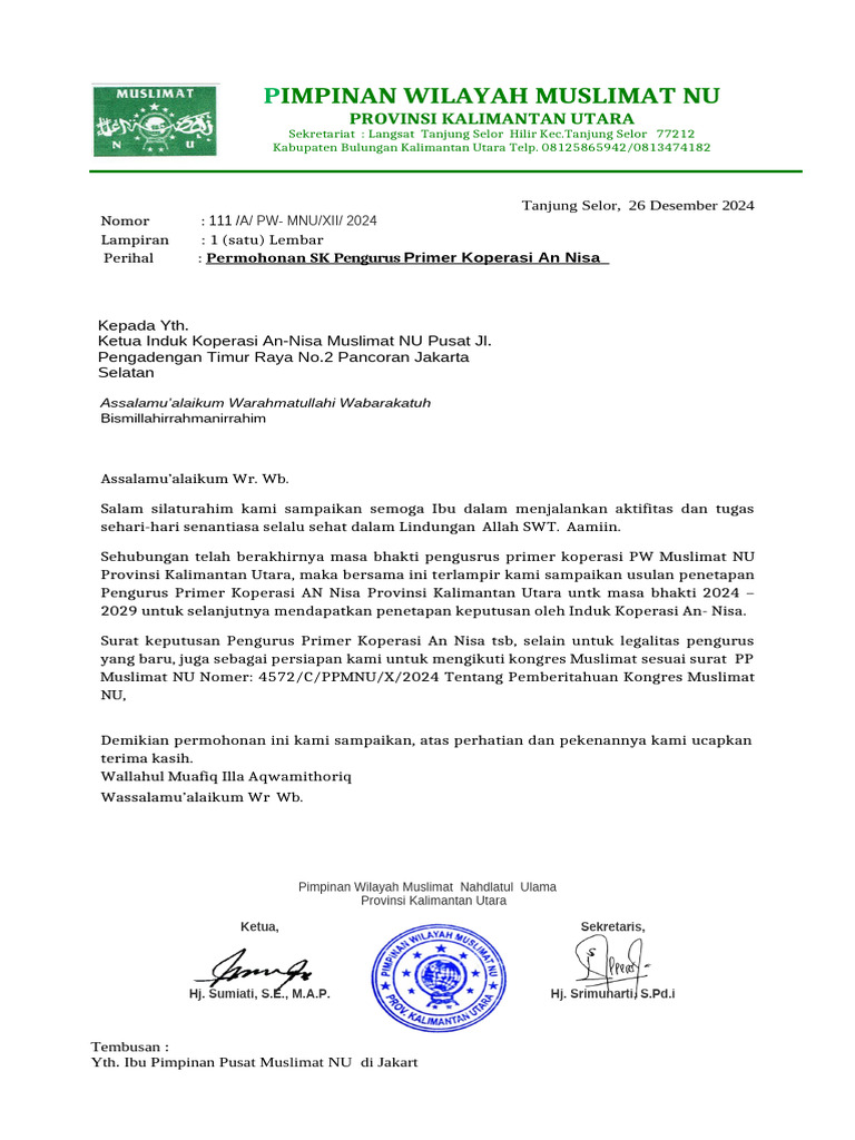 Permohonan SK Nu Prov. Kaltara | PDF