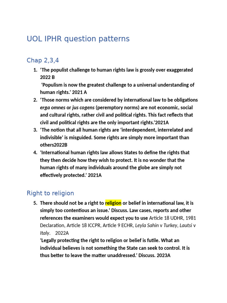 UOL IPHR Question Patterns - 1 | PDF