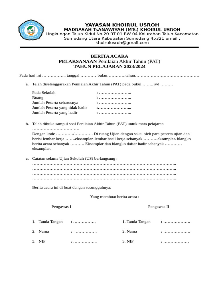 Berita Acara Pelaksanaan Pat | PDF