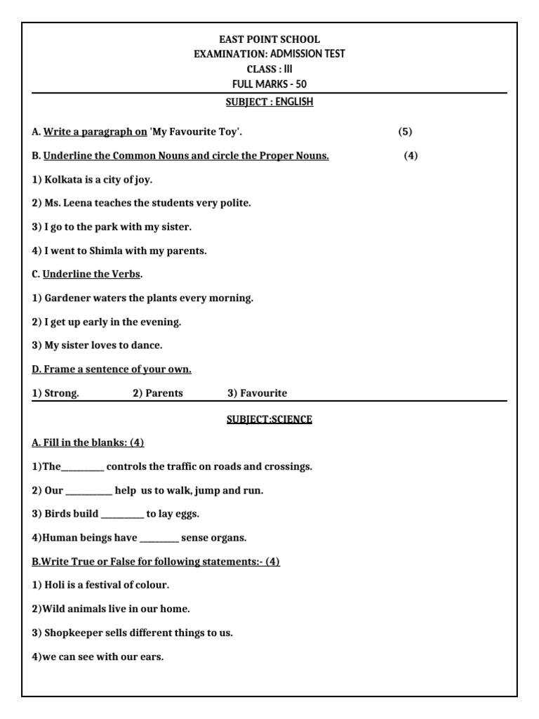 Class 3 Admission QP | PDF