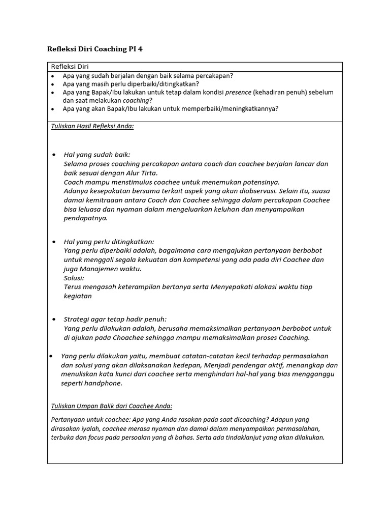 Refleksi Diri Coaching PI 4 | PDF