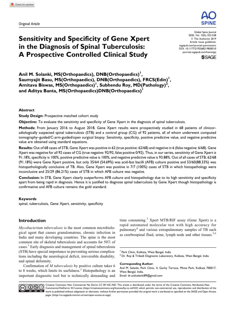 Solanki Et Al 2019 Sensitivity and Specificity of Gene Xpert in The ...