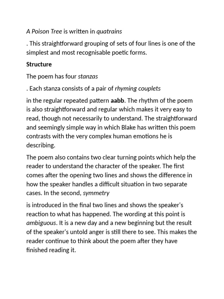 Quatrain Structure in "A Poison Tree" | PDF | Poetry | Anger