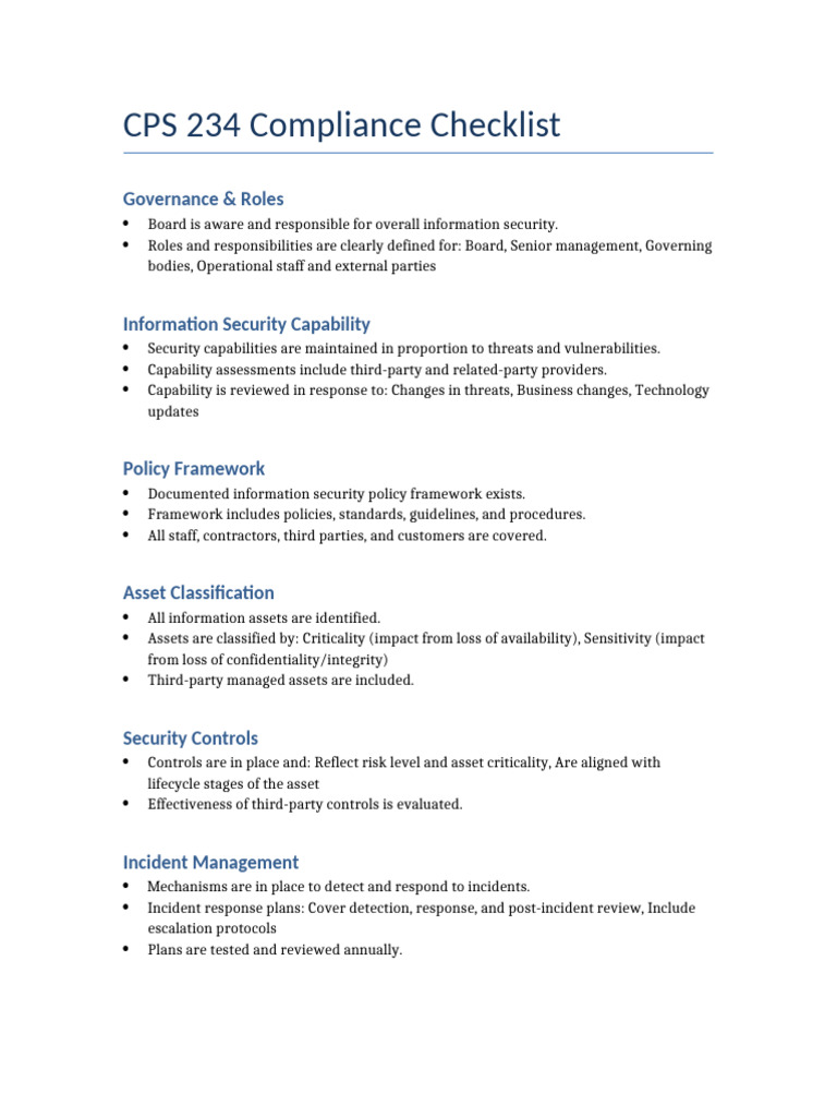CPS 234 Compliance Checklist | PDF