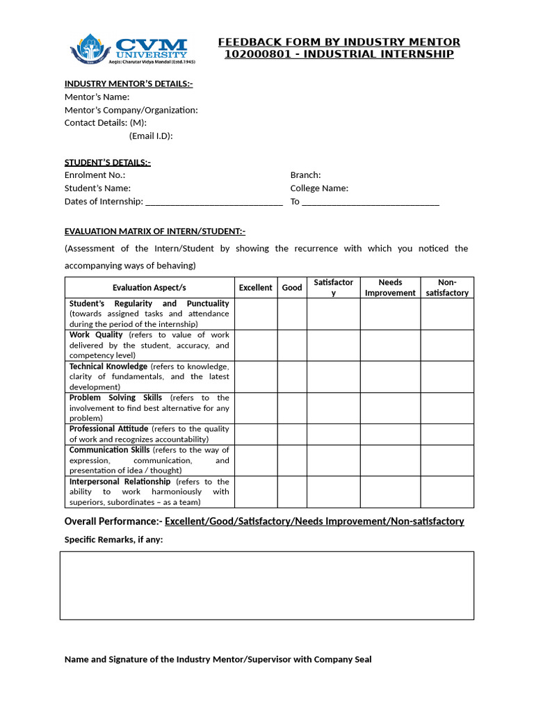 Mentor Feedback for Intern Evaluation | PDF