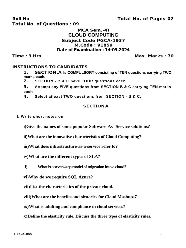 Mca 4 Sem Cloud Computing 91859 May 2024 | PDF | Cloud Computing | Computer Science