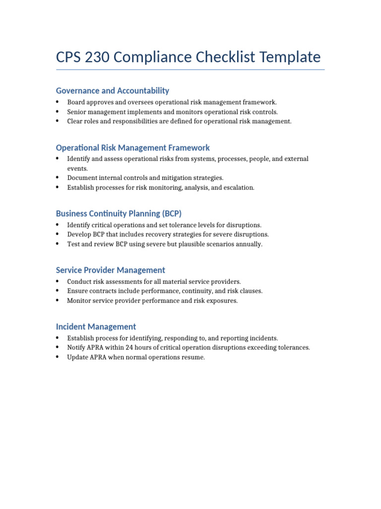 CPS 230 Compliance Checklist Template | PDF