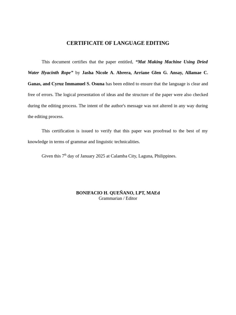 Certificate of Language Editing | PDF