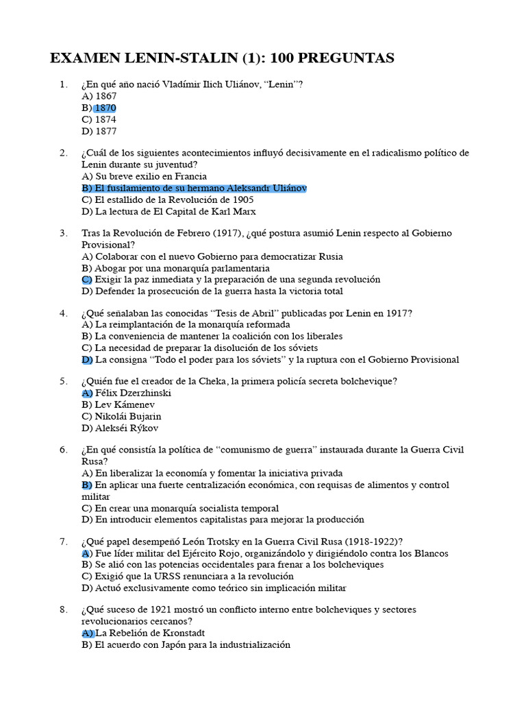 Examen sobre Lenin y Stalin: 100 preguntas | PDF | Vladimir Lenin ...