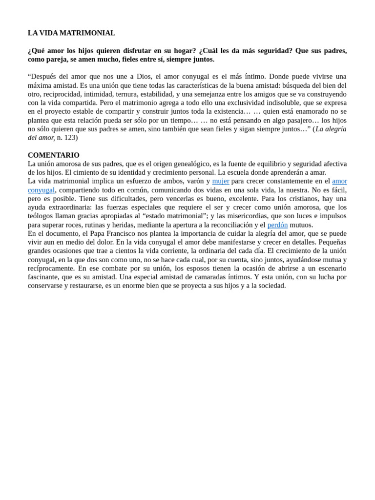 Importancia de la Vida Matrimonial | PDF | Amor | Matrimonio