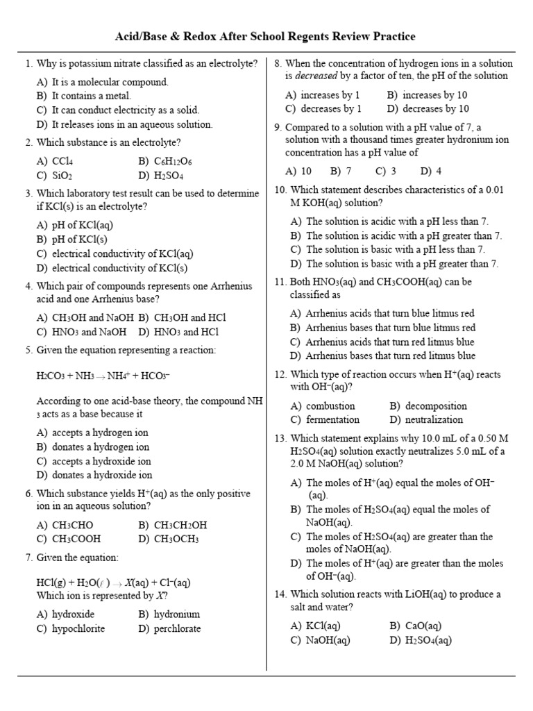Acid/Base & Redox After School Regents Review Practice: Decreased | PDF | Redox | Electrochemistry