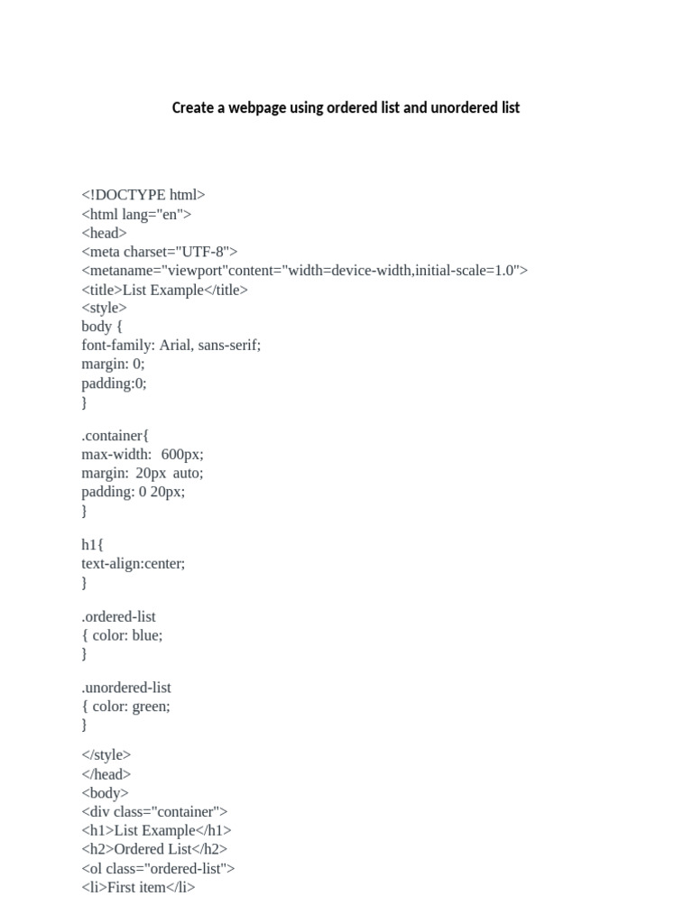 Create A Webpage Using Ordered List and Unordered List | PDF | Software ...