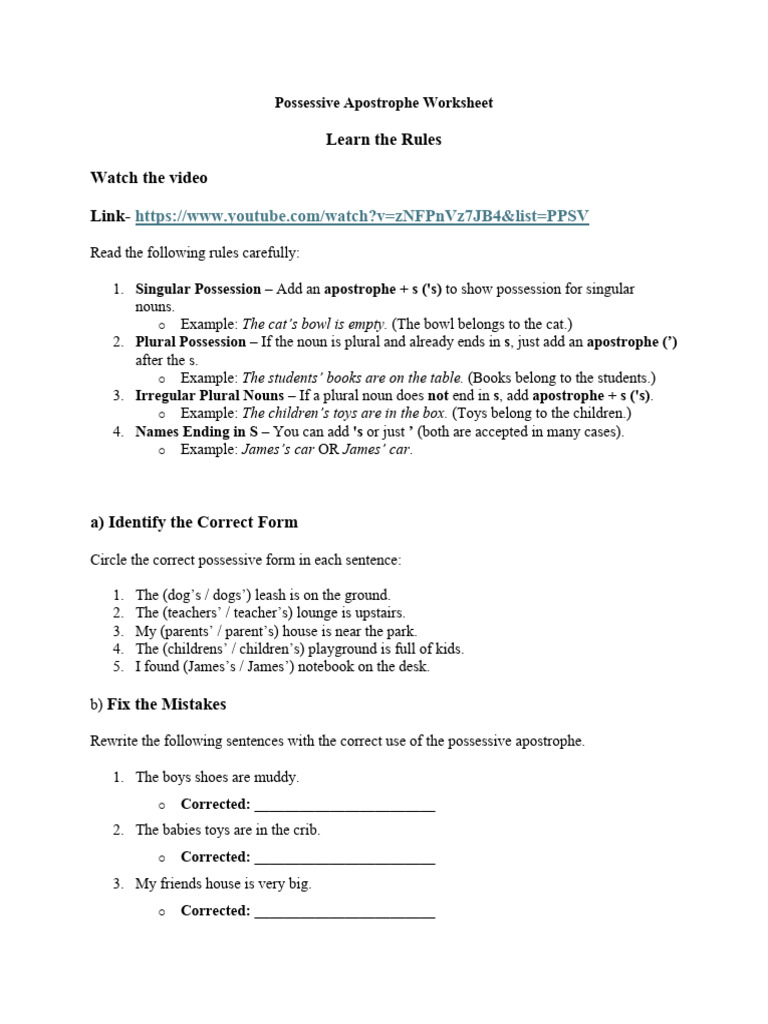 Possessive Apostrophe Worksheet | PDF