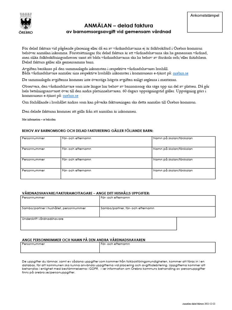 Anmälan - Delad Faktura Av Barnomsorgsavgift Vid Gemensam Vårdnad - Blankett | PDF