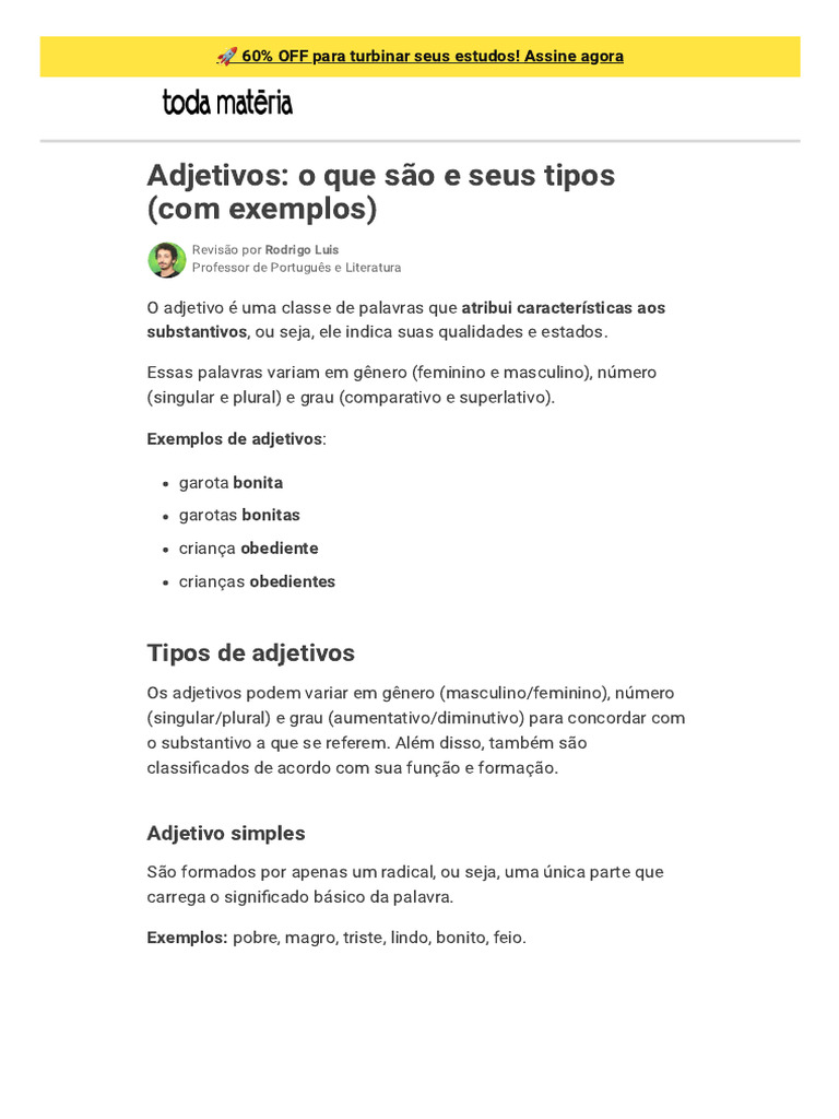 Adjetivos - o Que São e Seus Tipos (Com Exemplos) - Toda Matéria | PDF ...