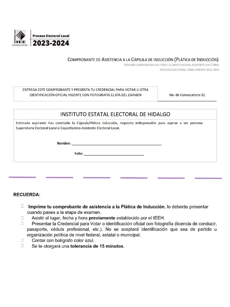 Comprobante de Platica de Inducción - IEEH-2ASELYCAEL-0342 | PDF