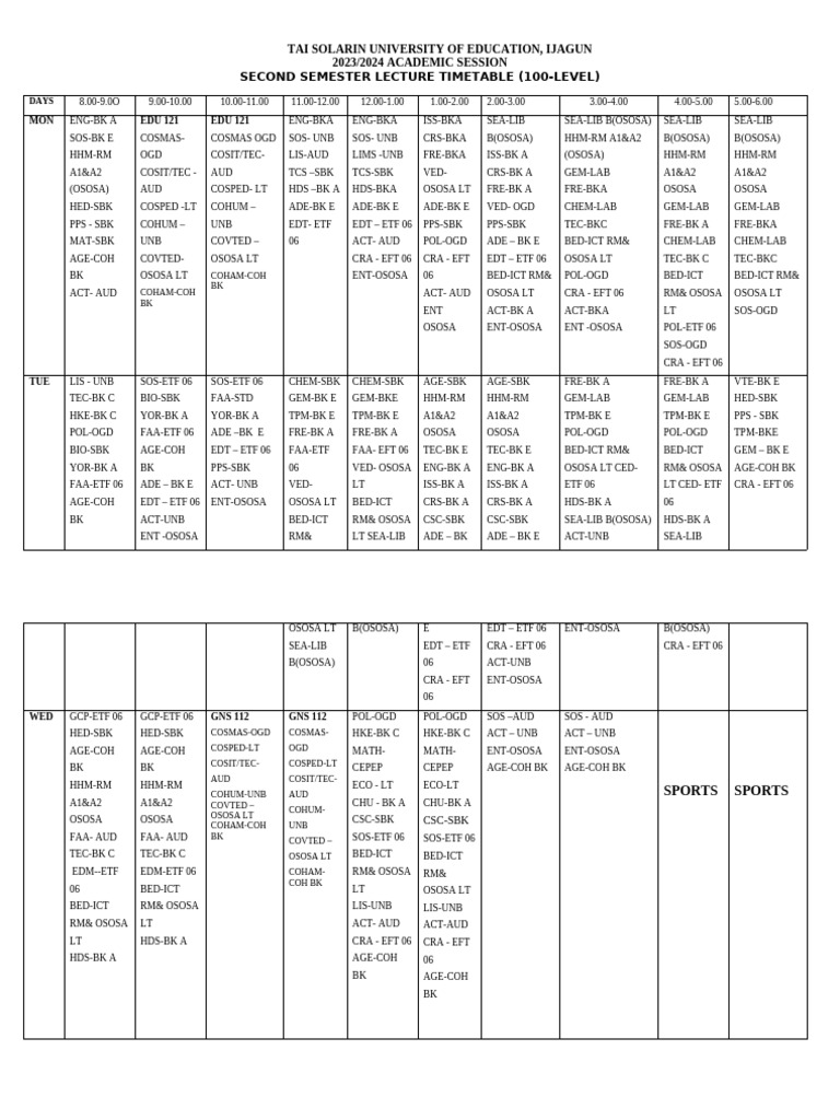 2023 2024 Second Semester Lecture Timetaable - EDITED | PDF