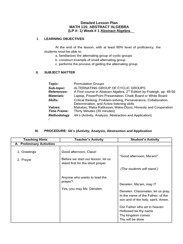 Lesson Plan in alternating Group of a Cyclic Grou[ | PDF | Group ...
