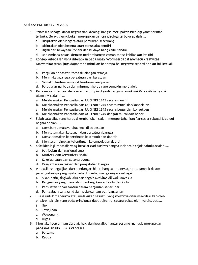 Soal SAS PKN Kelas 9 TA 2024 New | PDF