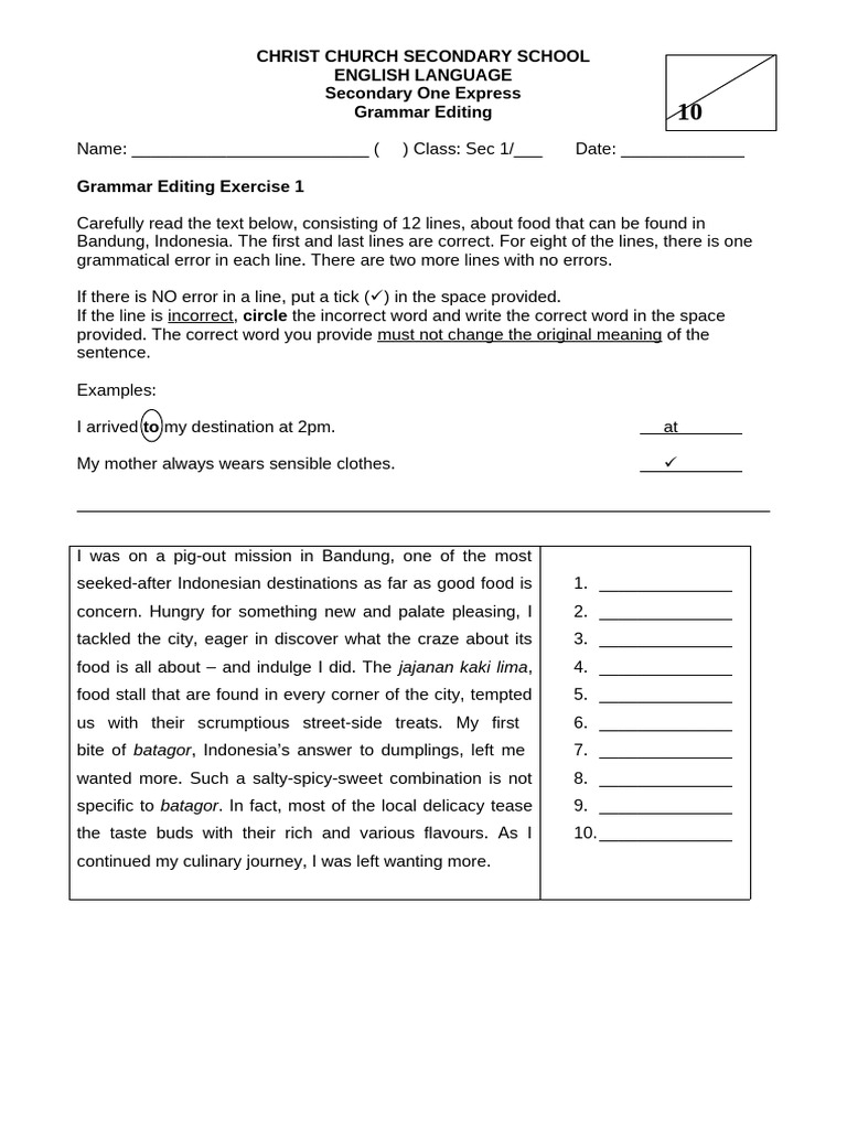Sec 1E - Grammar Editing Exercises 1 To 10 | PDF