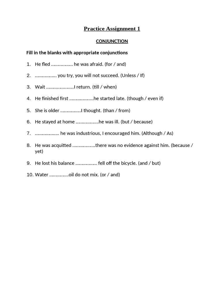 Practice Assignment (Conjunctions) -1 | PDF