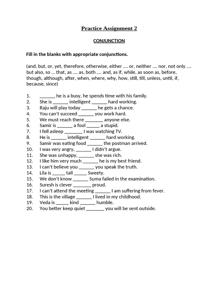 Practice Assignment (Conjunctions) - 2 | PDF