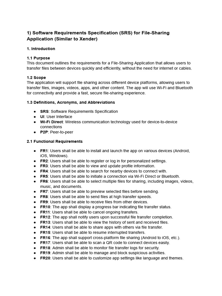 1) SRS For File-Sharing Application (Xender) | PDF | Mobile App | Ios