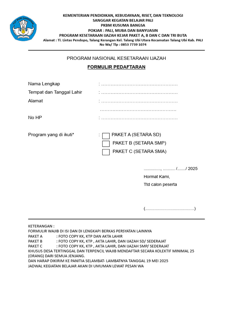 Pendaftaran Program Kesetaraan Ijazah PAKET A, B, C | PDF