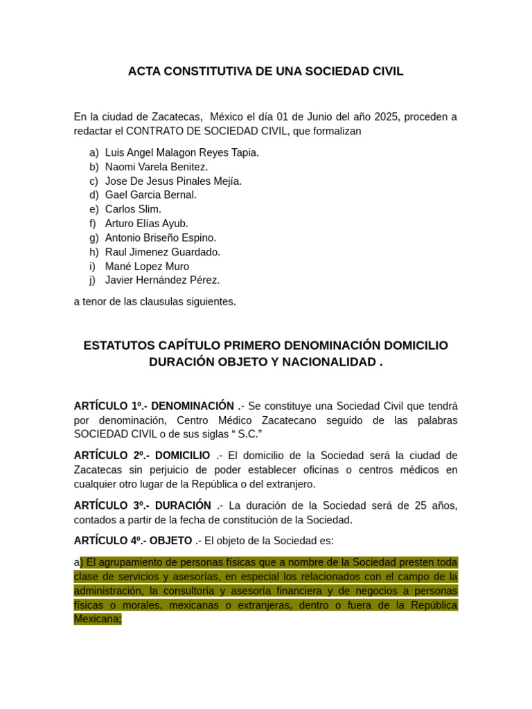 Acta constitutuva SC | PDF | Sociedad de responsabilidad limitada | Instrumento negociable