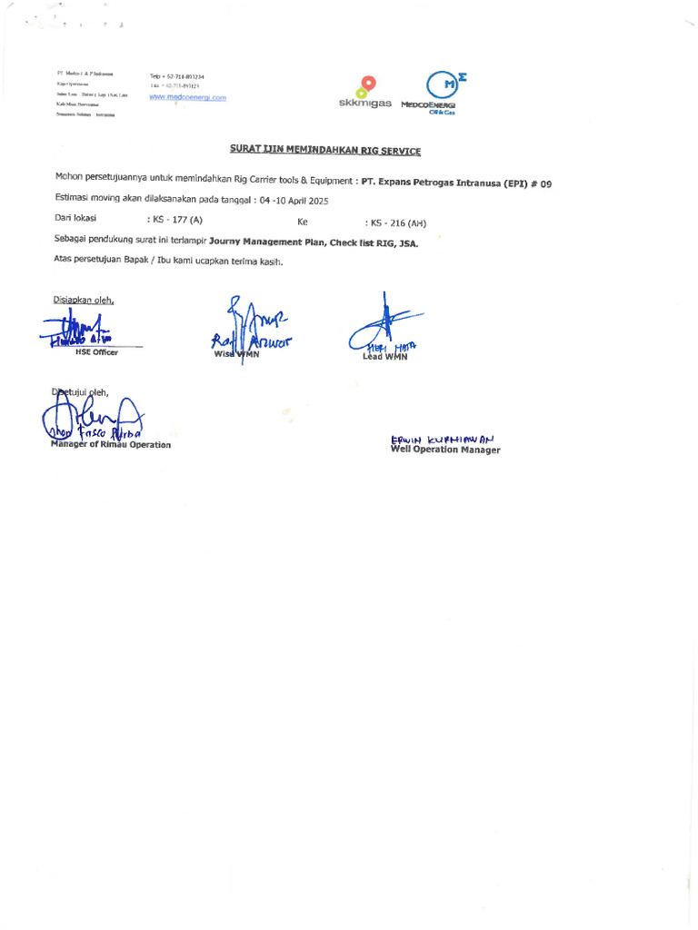 Izin Memindahkan Rig Epi 09 - Ks 177 A Ke Ks 216 Ah | PDF