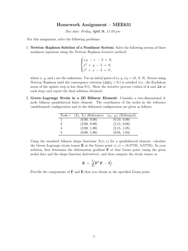 Homework Assignment - MEE631: Newton-Raphson Solution of A Nonlinear System | PDF