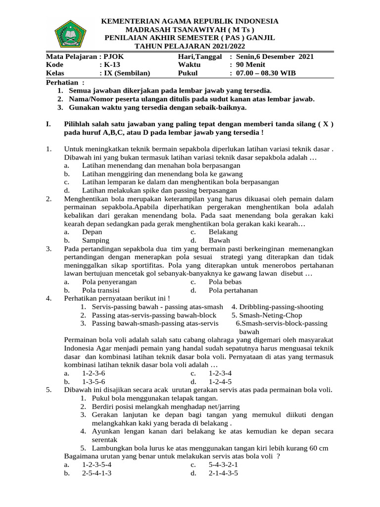 Soal PAS PJOK Kelas 9 Edit | PDF