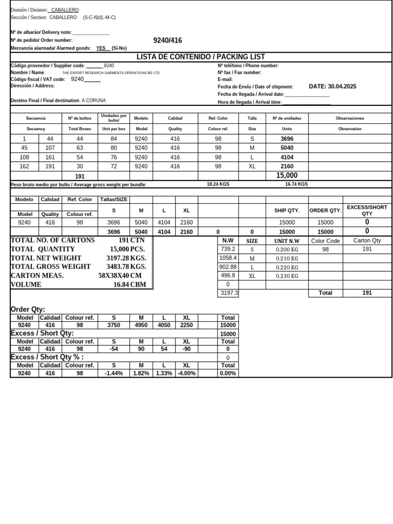 Packing List of A Garments Order Shipment | PDF