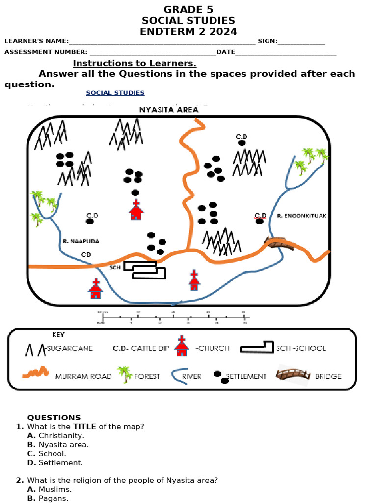 GRADE 5 SOCIAL STUDIES Endterm 1 Exam 2024 | PDF | Kenya | Map