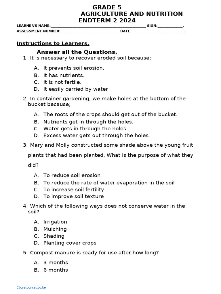 GRADE 5 AGRINUTRITION Endterm 1 Exam 2024-1 | PDF | Soil | Manure