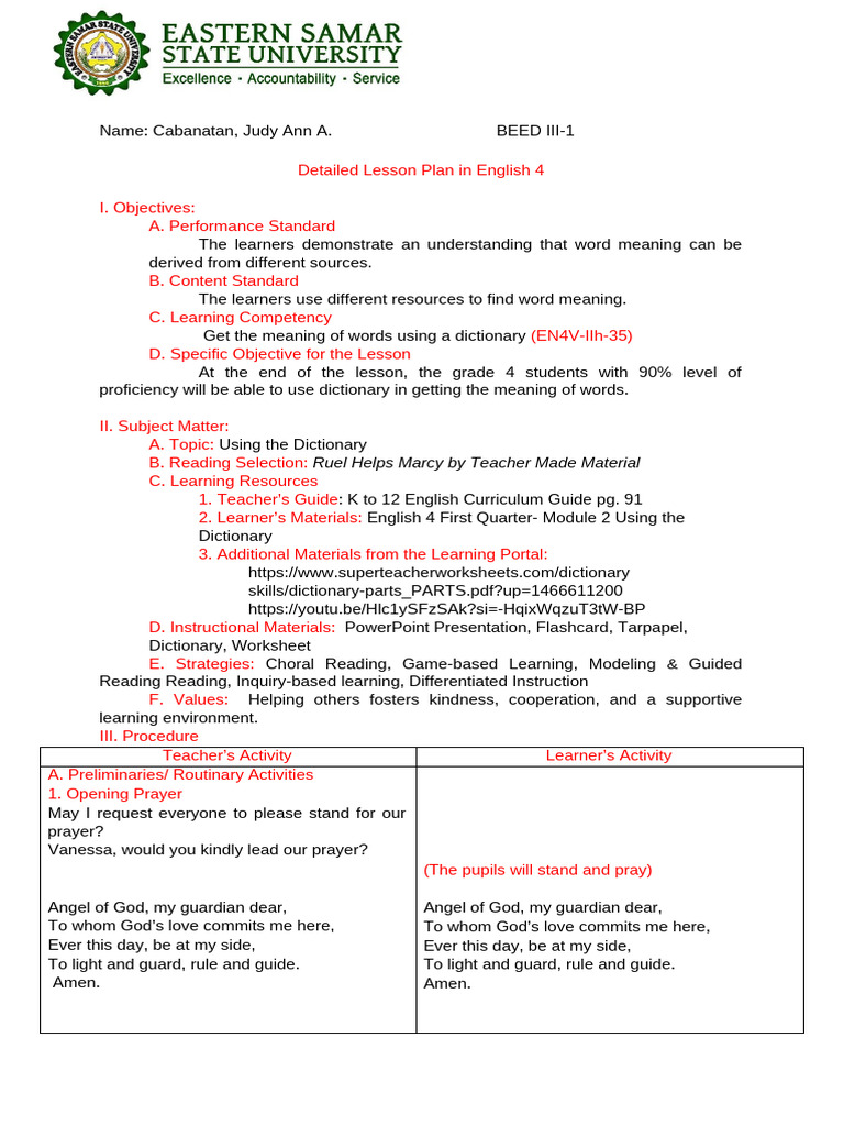 Dictionary Skills Lesson Plan for Grade 4 | PDF | Part Of Speech | Word