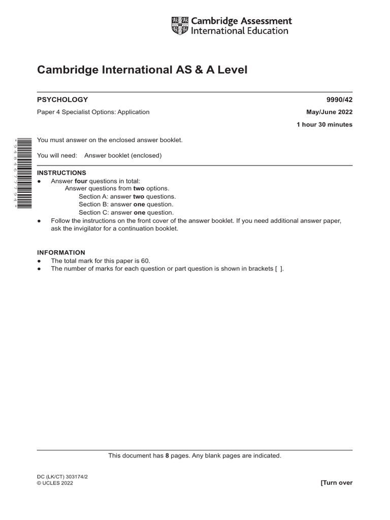 Cambridge International AS & A Level: PSYCHOLOGY 9990/42 | PDF ...