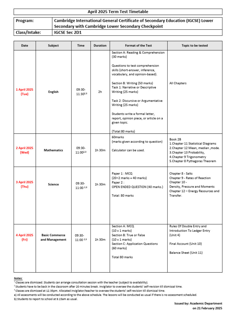 IGCSE Sec 2D1 Term 4 Term Test Timetable 2025 R1 | PDF